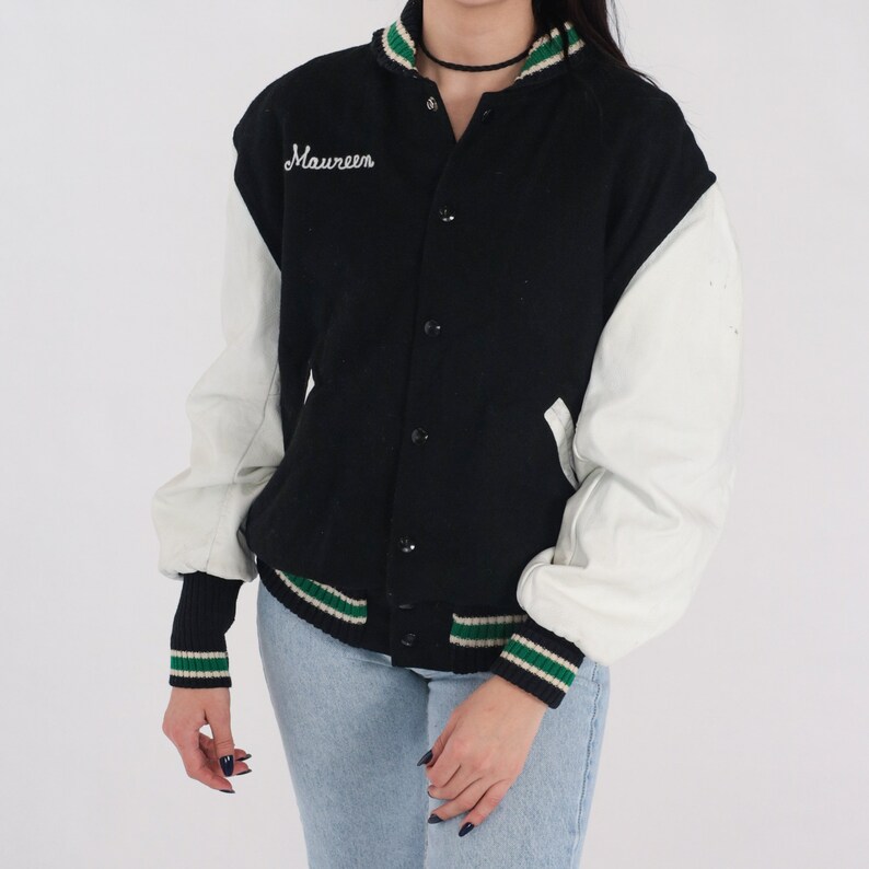 90s Letterman Jacket Black White Varsity Jacket Wool Leather - Etsy
