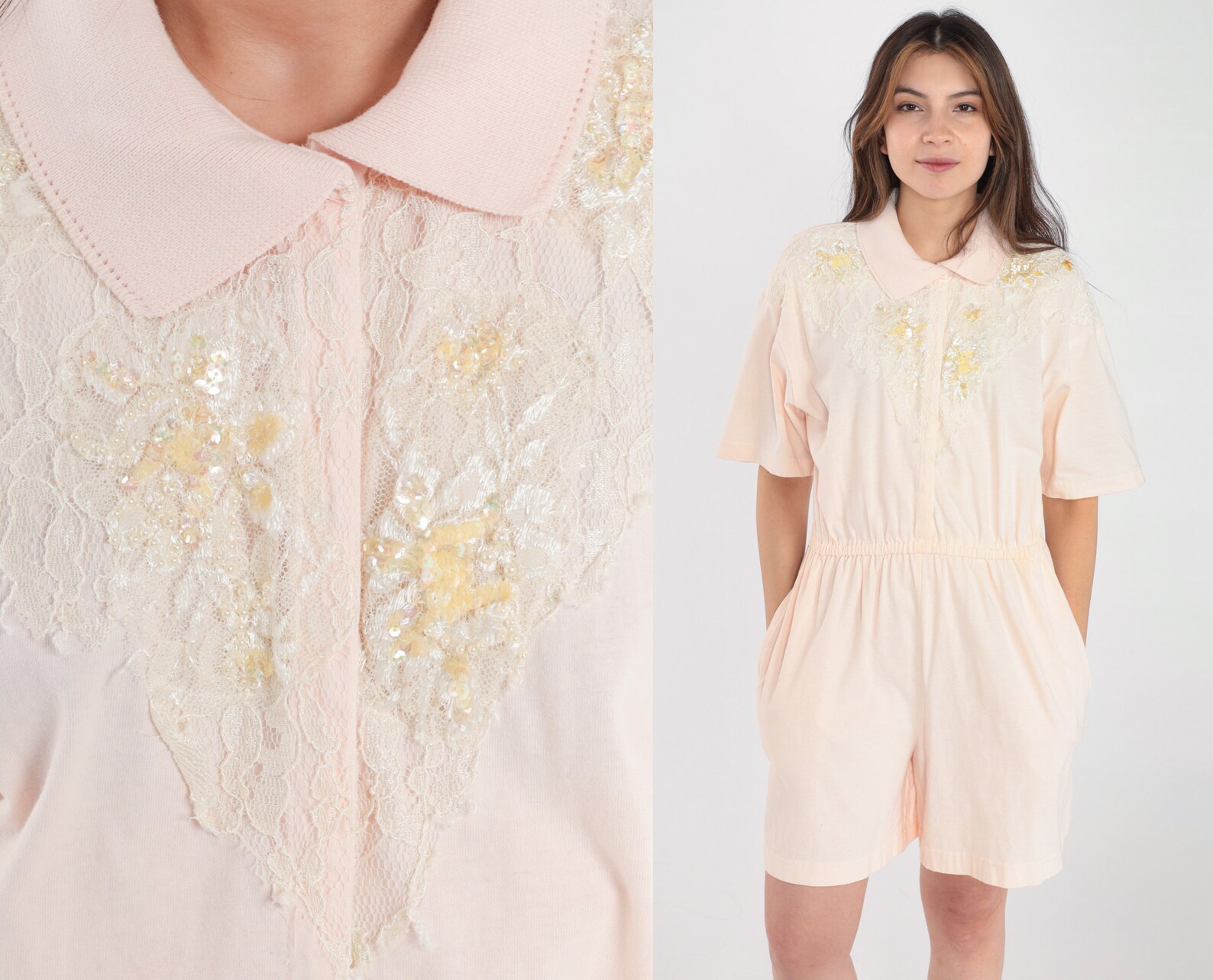 80s Romper Baby Pink Sequin Beaded Lace Cotton Playsuit One Piece ...