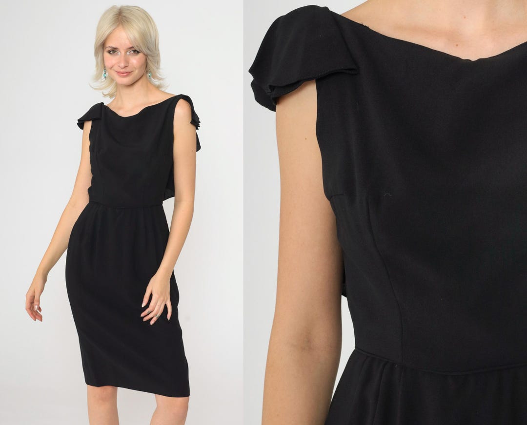 1960s Black Party Dress Ruffle Open Back Wiggle Dress Knee Length 60s ...
