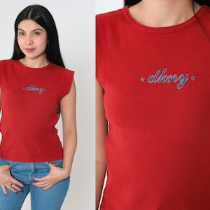 Y2K DKNY T Shirt Tight Red Donna Karan Top 00s Vintage Retro Baby Tee Cap Sleeve Tshirt Graphic ...