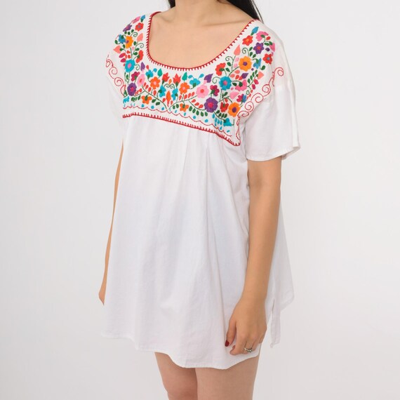 Mexican Embroidered Blouse White 90s Floral Tunic Cot… - Gem