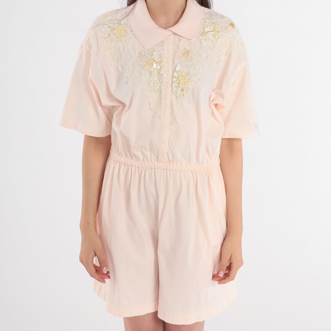 80s Romper Baby Pink Sequin Beaded Lace Cotton Playsuit One Piece ...