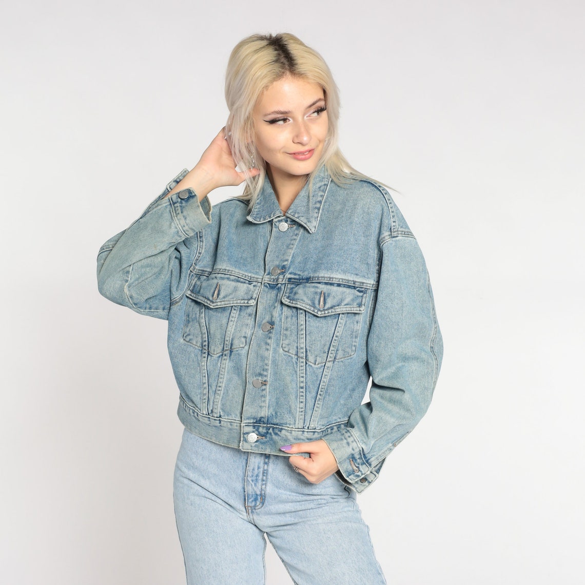 Guess Jean Jacket 90s Denim Jacket Blue Biker Trucker Crop Coat Button ...