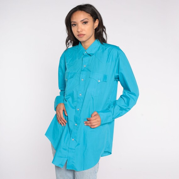 Blue Pearl Snap Shirt 90s Turquoise Button Up Western… - Gem