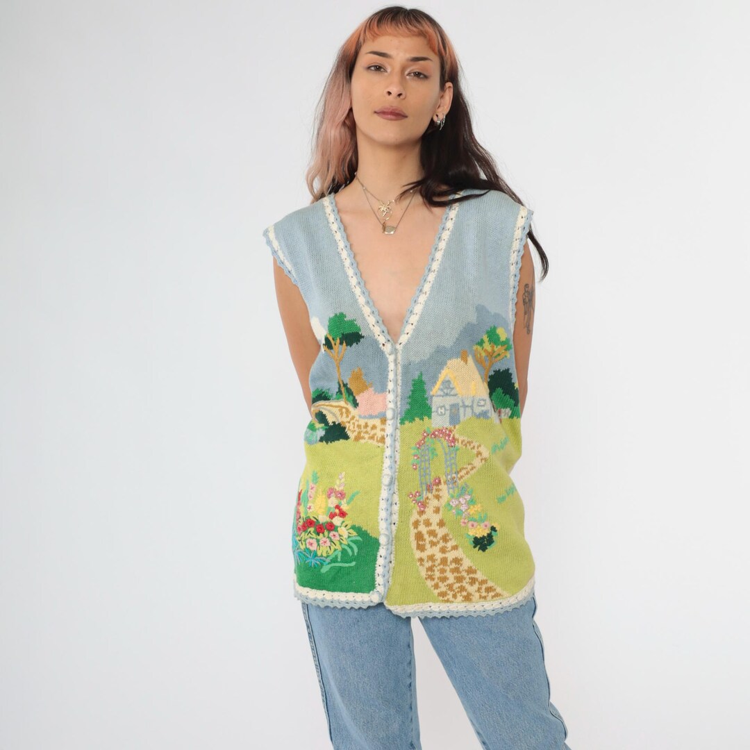 Vintage Country Garden Vest 90s Scenic Floral Ramie Cotton Knit Vest ...