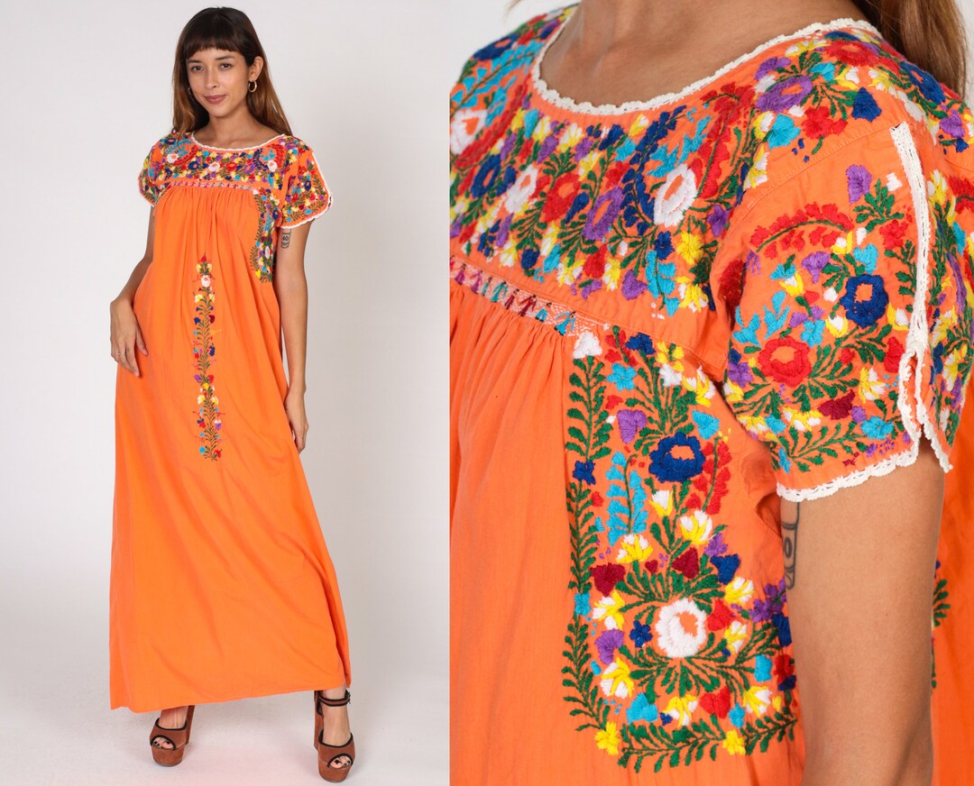 Oaxacan Maxi Dress 70s Mexican Embroidered Dress Orange Floral Puebla Short Sleeve Tent Hippie ...