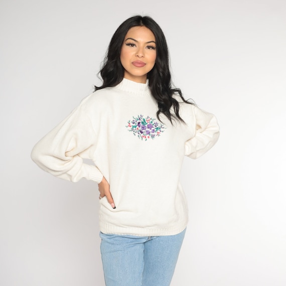 White Floral Sweater 90s Embroidered Flower Sweater P… - Gem