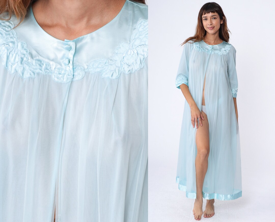 Sheer Blue Robe 80s Floral Embroidered Long Lingerie Jacket Kimono Robe Boho Maxi Lingerie ...