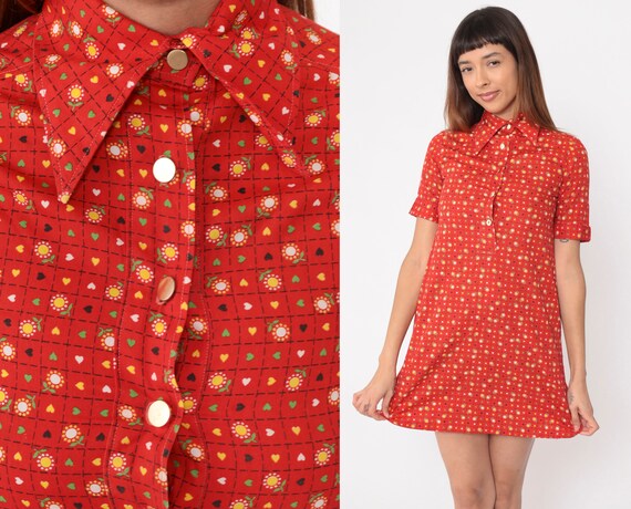 70s Mini Dress Red Ditsy Heart Flower Print Shift Mod… - Gem