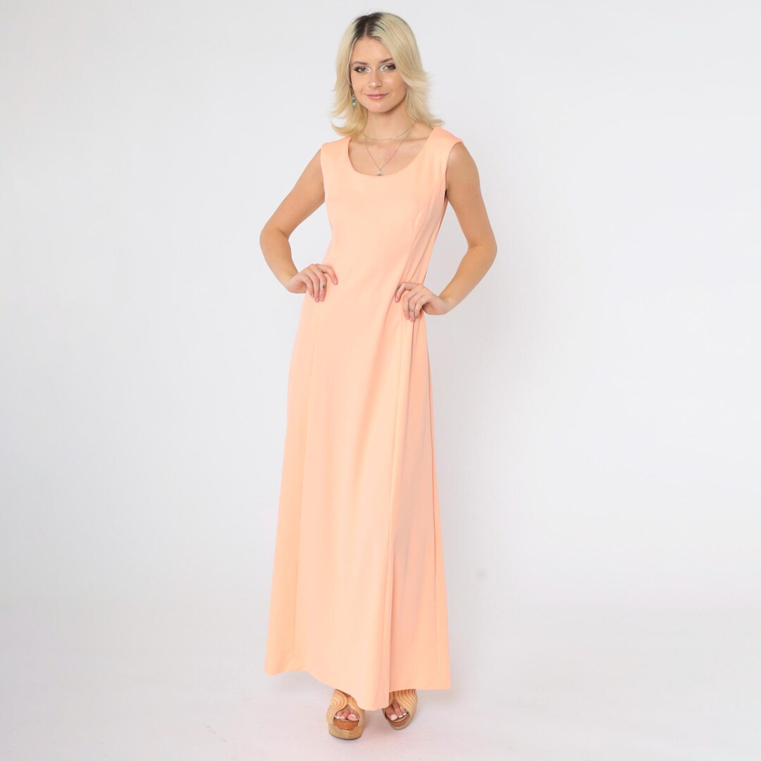 Vintage Peach Maxi Dress 70s Disco Gown Retro Party Dress Long ...