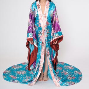 Vintage Floral Kimono Robe Turquoise Purple Long Silk Japanese Robe ...
