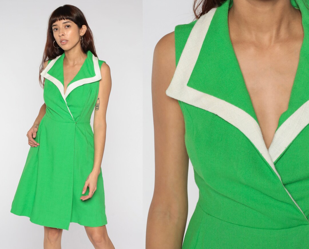 Mod Wrap Dress 70s Boho Green V Neck 60s Mod Mini Dress Plain Vintage ...