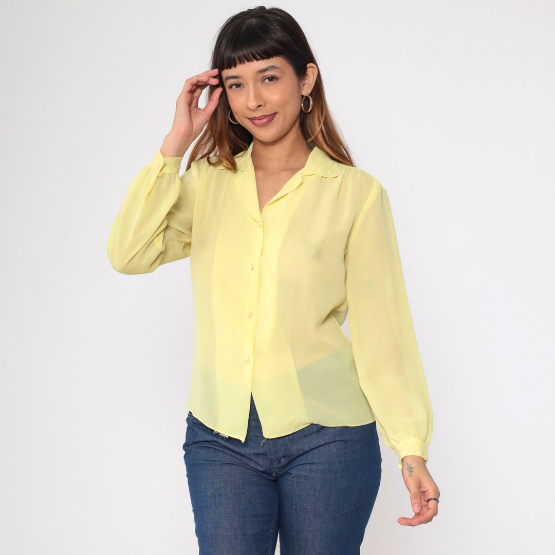 Sheer Yellow Blouse 70s Button up Shirt Floral Embroidered Collar ...