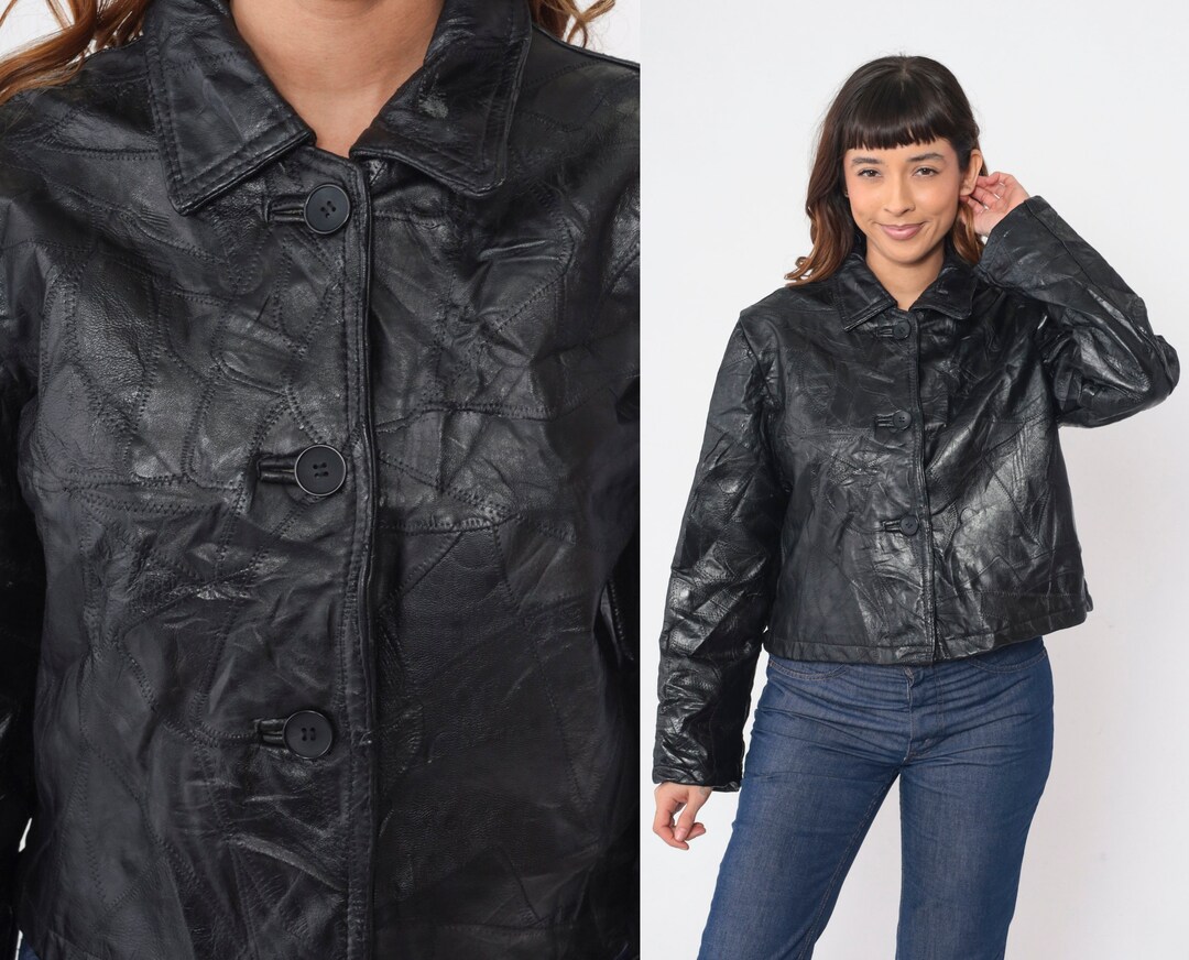 Black Patchwork Leather Jacket 00s Moto Jacket Retro Italian Rocker ...