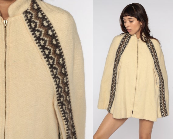 Wool Cape Coat 60s Cream Icelandic Cape Mod Jacket Hi… - Gem