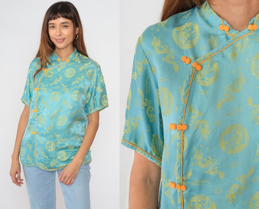 Blue Cheongsam Blouse 80s Asian Top Dragon Medallion Print Chinese ...