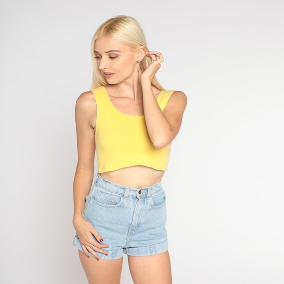 Yellow Crop Top 90s Ribbed Tank Top Retro Sleeveless … - Gem