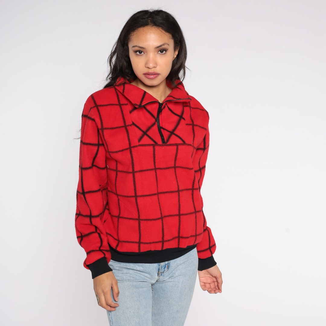 80s Checkered Fleece Jacket Red Grid Pattern Sweatshirt Vintage Quarter ...