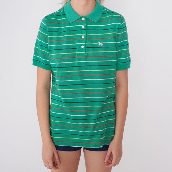 Green Striped Polo Shirt 80s Horse Crest Collared T-S… - Gem