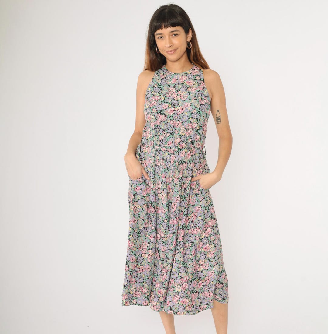 Vintage Floral Midi Dress 90s Summer Boho Pocket Sundress Pink Purple ...