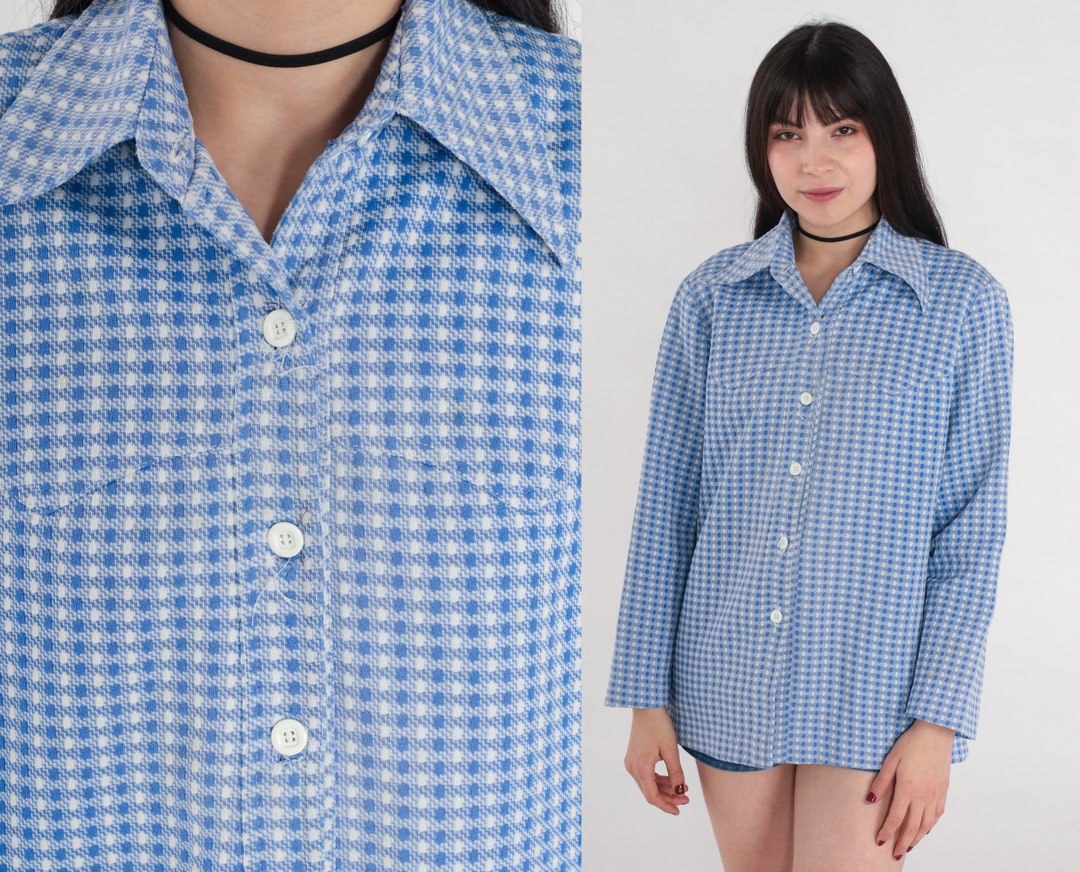 70s Western Shirt Blue Checkered Button up Blouse Long Sleeve Collared ...