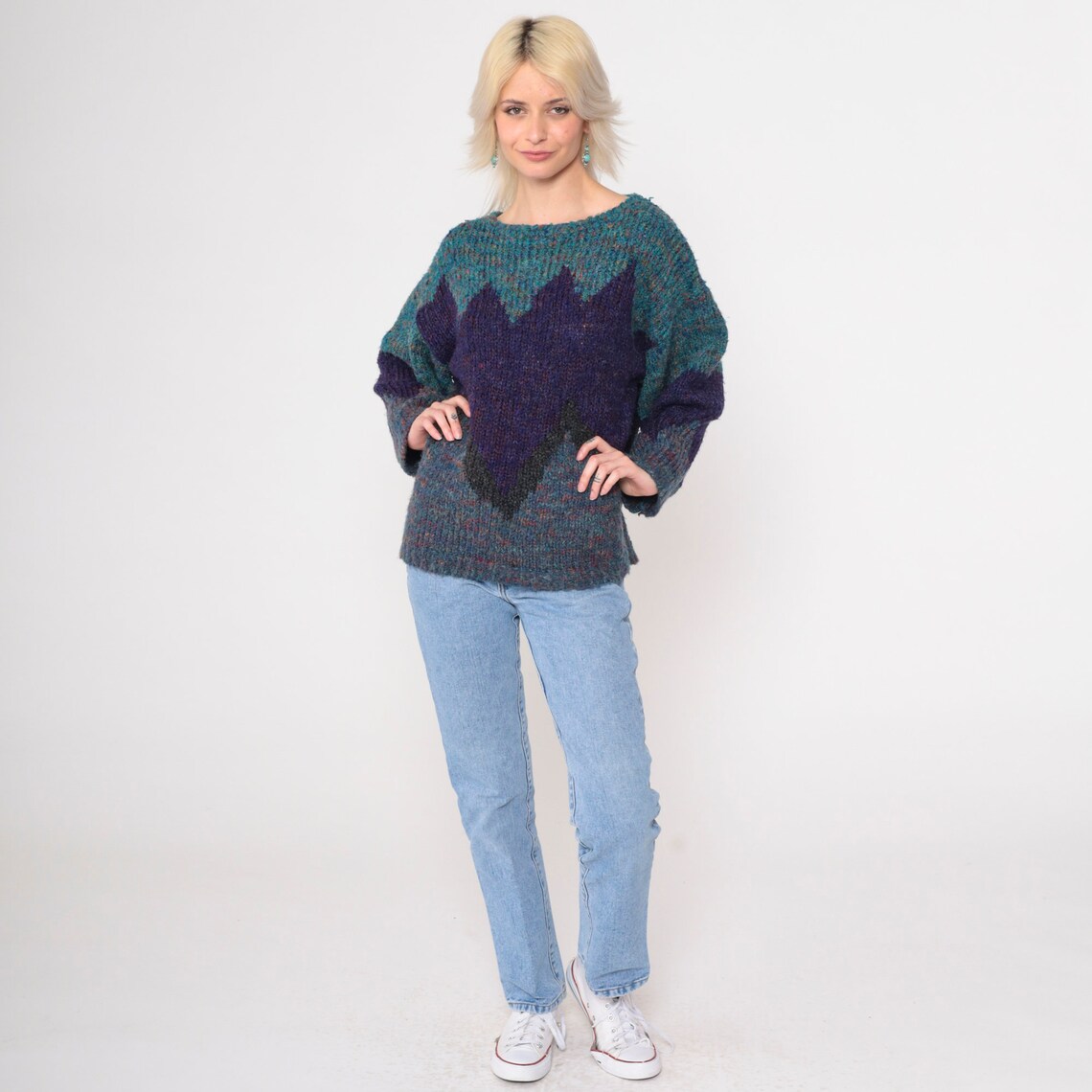 Color Block Sweater 90s Purple Teal Flecked Sweater Wool Blend Knit ...