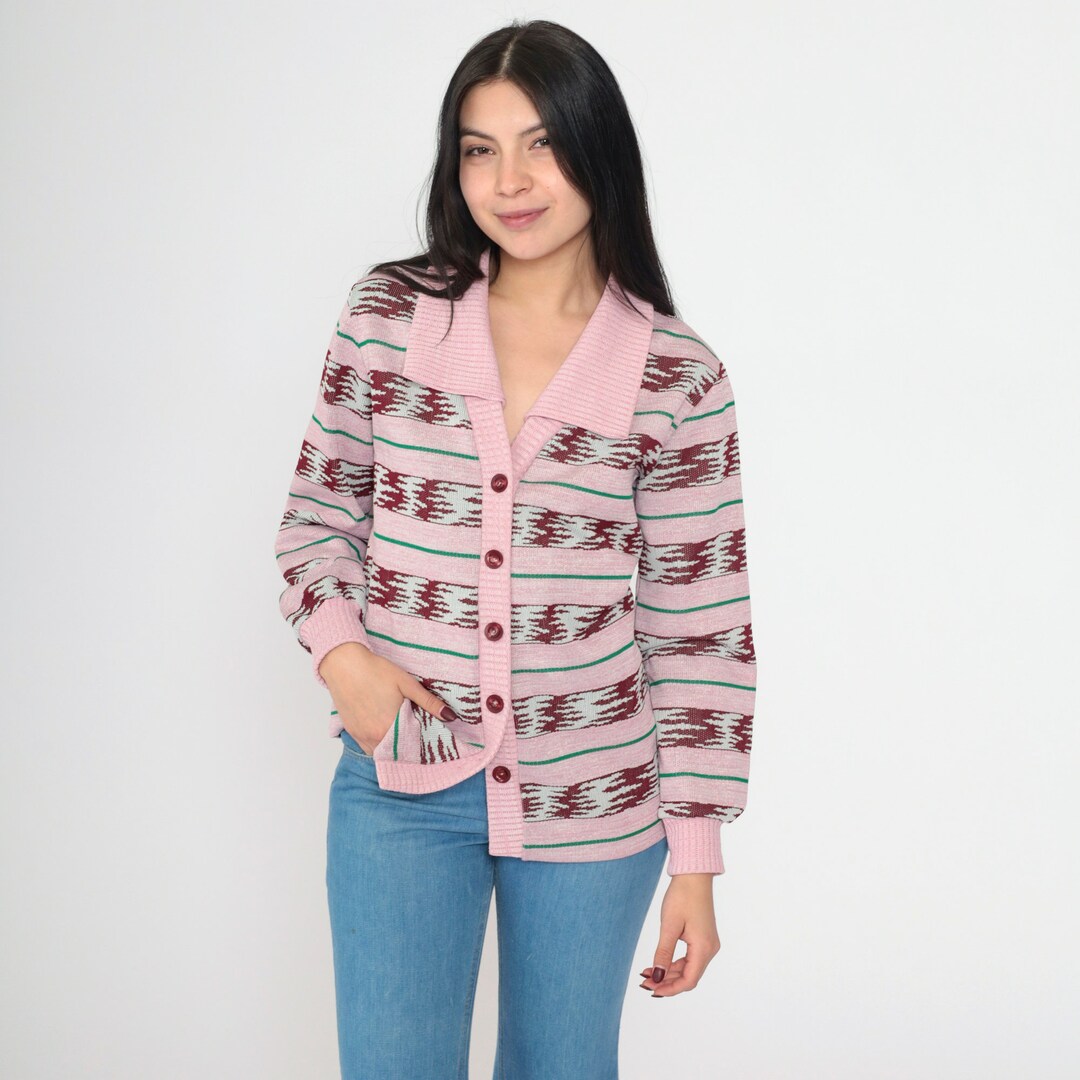 Pink Striped Cardigan 70s Space Dye Sweater Geometric Boho Cardigan ...