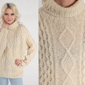 Cream Turtleneck Sweater 90s Cable Knit Pullover Sweater Wool Blend ...