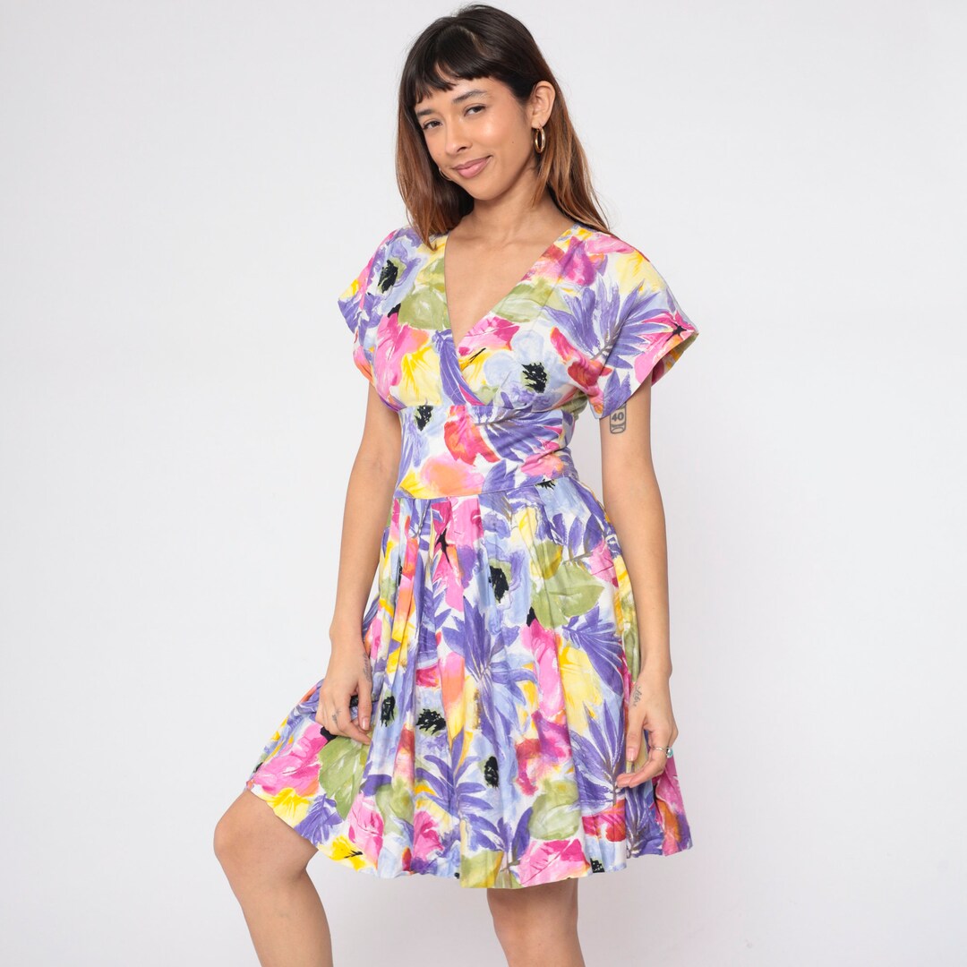 80s Tropical Floral Dress Mini Wrap Dress V Neck Vintage Cinched ...