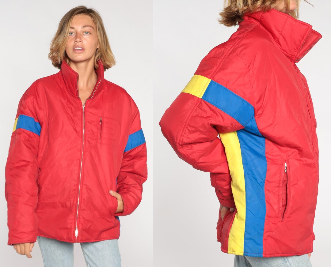 Red Ski Jacket 80s Striped Puffer Jacket Roffe Goose Down Jacket Puffy ...