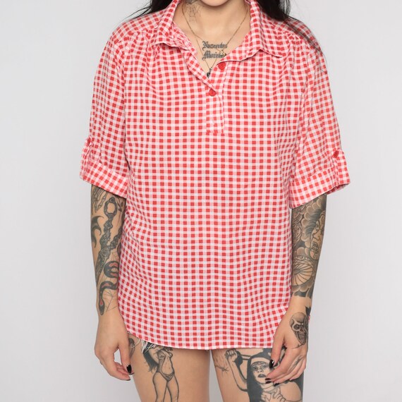 Gingham Tunic Top Red Checkered Shirt 80s Plaid Blous… - Gem
