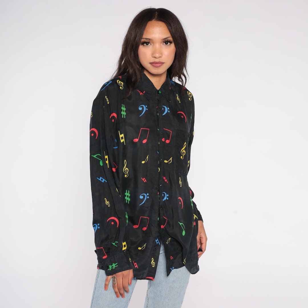 90s Silk Shirt Music Notes Print Black Button up Long Sleeve Treble ...