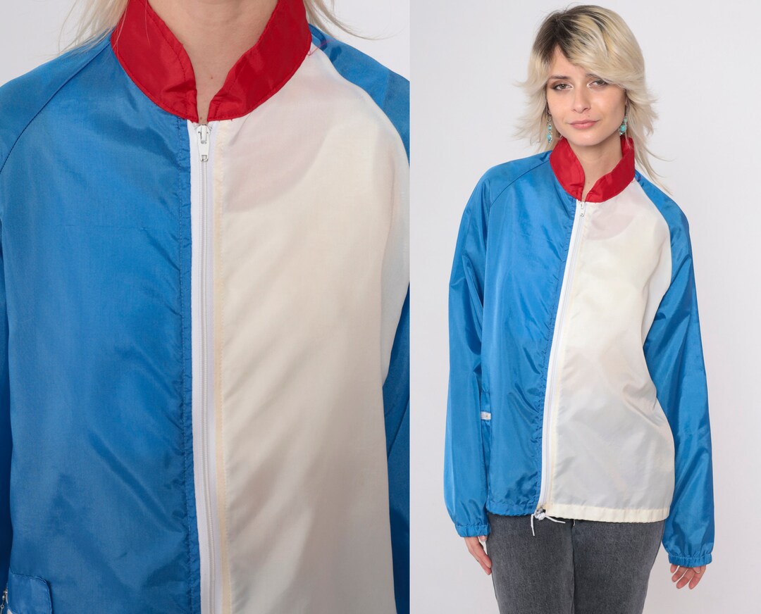 80s Baseball Windbreaker Jacket Blue White Color Block Raglan Sleeve ...