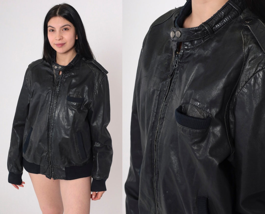 Leather Bomber Jacket 80s Black Leather Jacket Biker Moto Coat ...