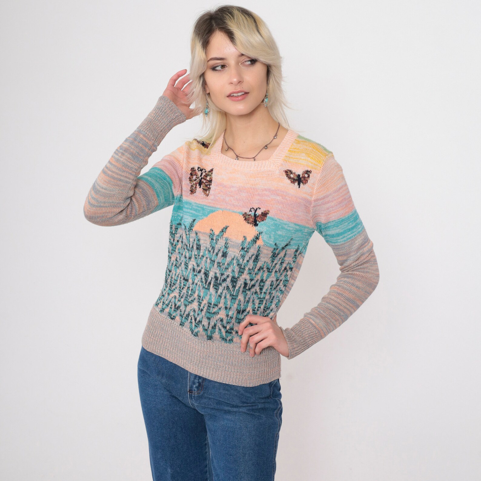 70s Arpeja Sweater Sunset Butterfly Print Space Dye Sweater Bohemian ...