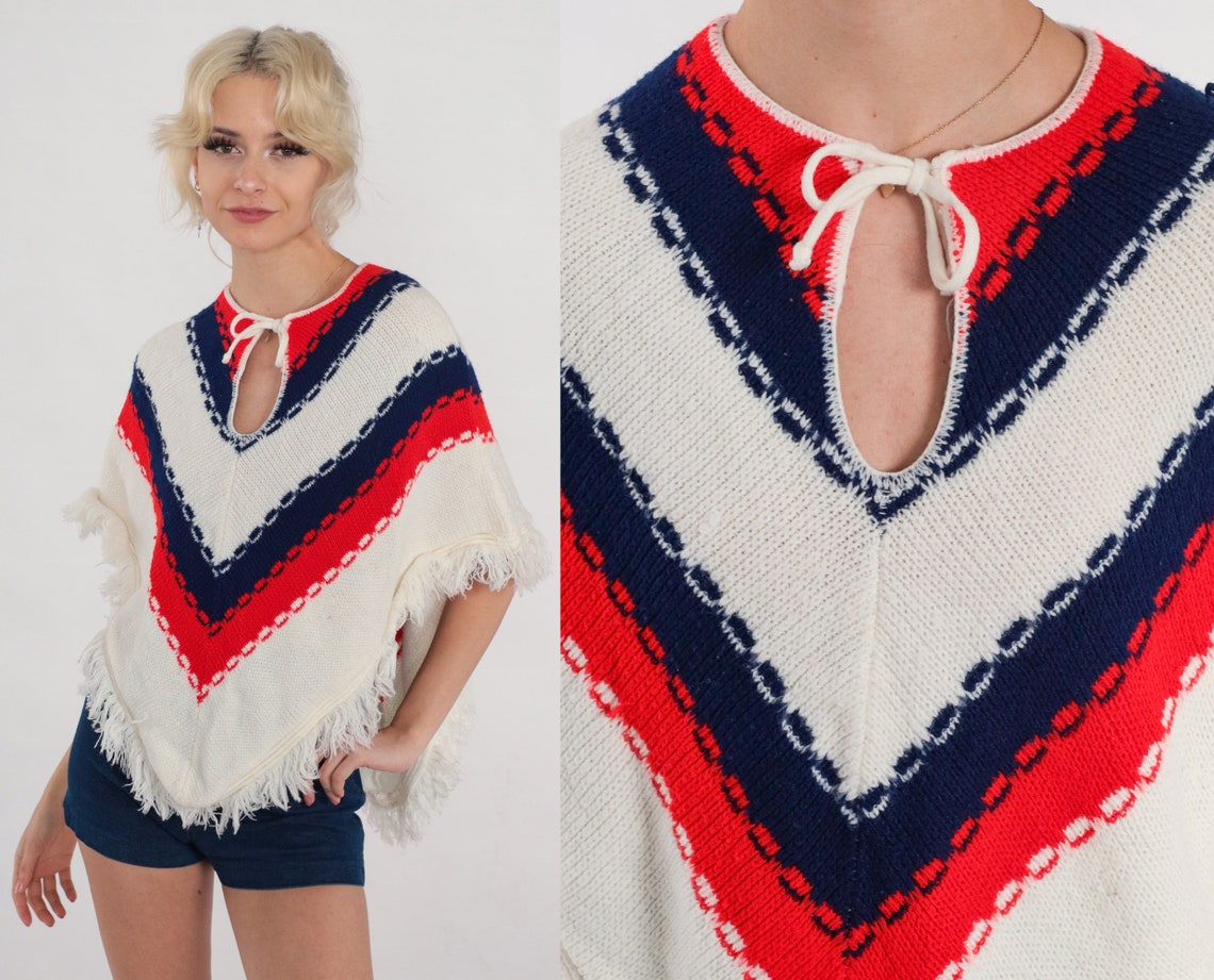 70s Striped Poncho Knit Hippie Poncho Fringe Shall Cape Blanket White ...