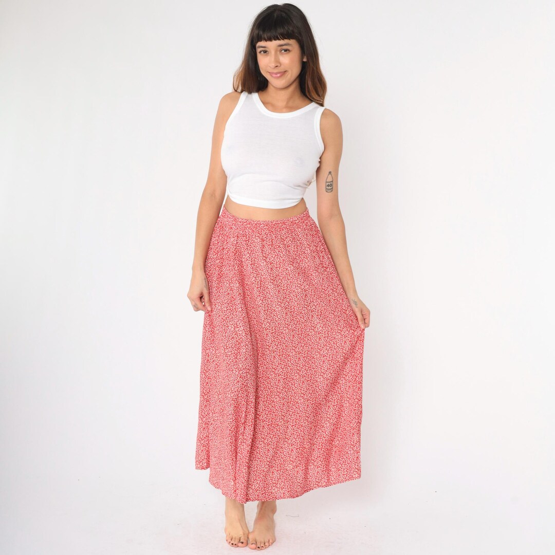 Vintage Floral Calico Skirt L 90s Red Susan Bristol Ditsy Midi Boho ...