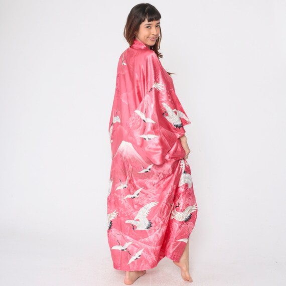 Pink Kimono 90s Long Robe Mountain Crane Bird Open Fr… - Gem