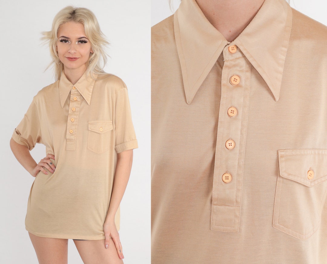 70s Polo Shirt Tan Collared T-shirt Dagger Collar Retro Tee - Etsy