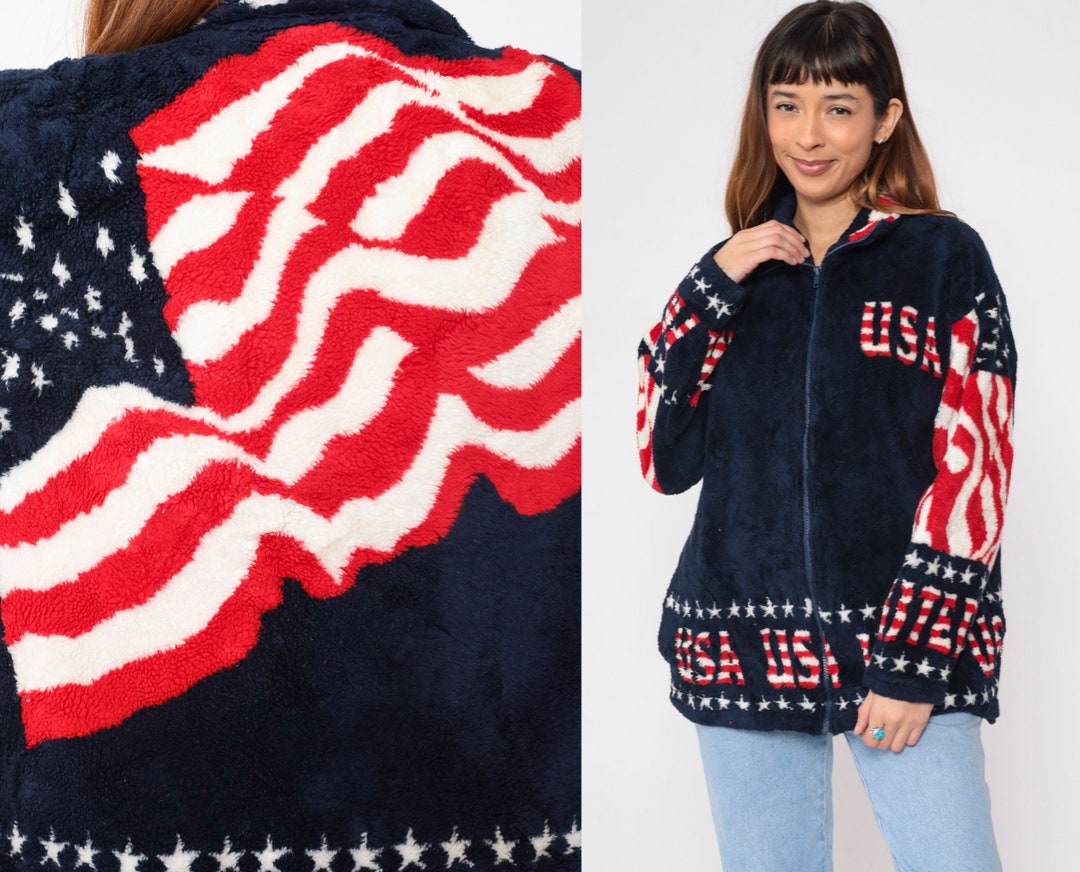 USA Jacket 90s Fleece Jacket Zip up Teddy Fuzzy Red White Navy Blue ...