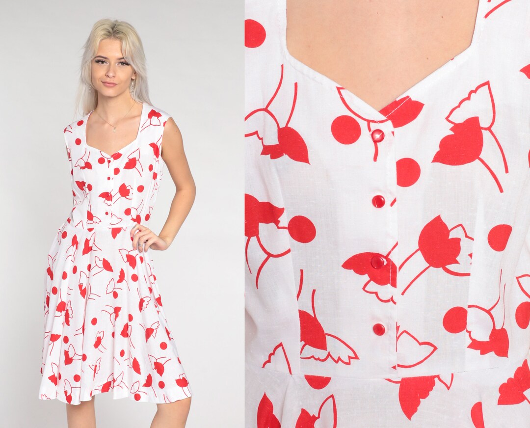 White Floral Dress 80s Mini Dress Red Flower Print Sundress - Etsy