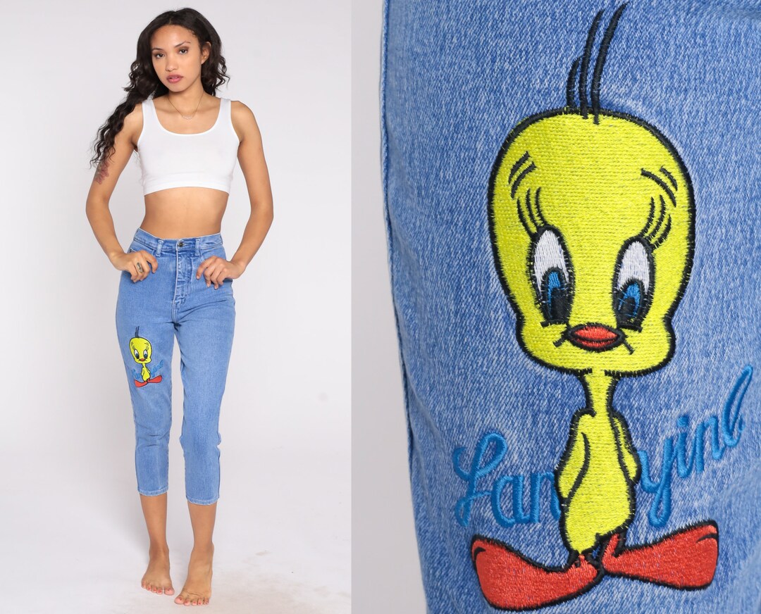 Tweety Bird Jeans 90s Looney Tunes Warner Bros Embroidered Skinny Jeans ...