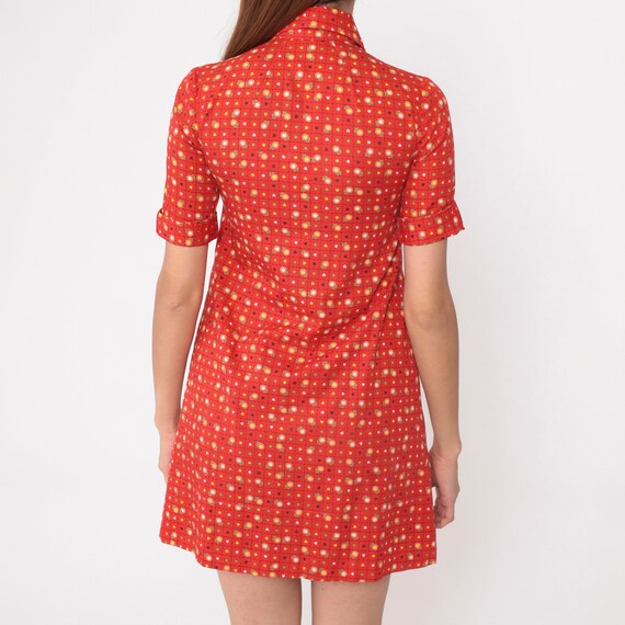 70s Mini Dress Red Ditsy Heart Flower Print Shift Mod… - Gem