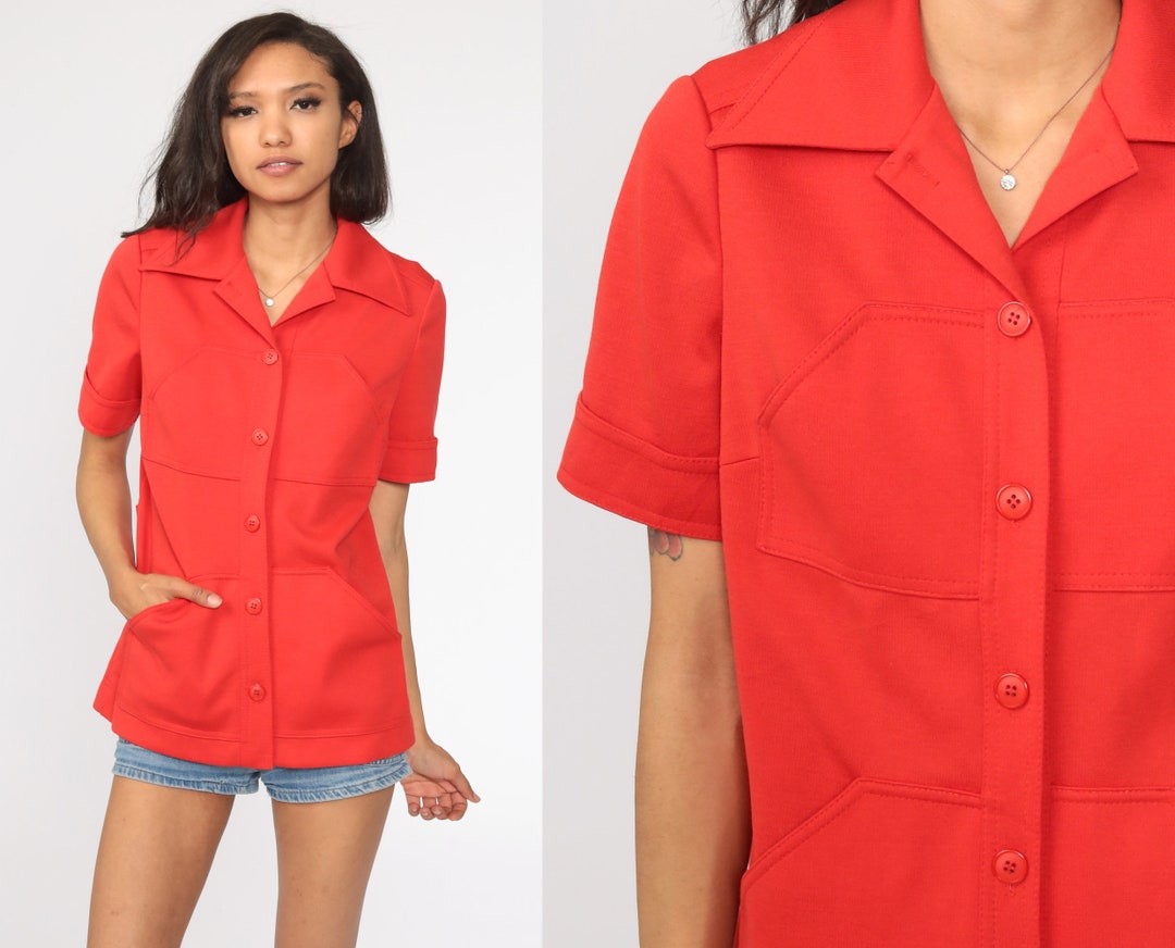 Red Button up Shirt 70s Shirt Pocket Blouse Hippie Boho 1970s - Etsy