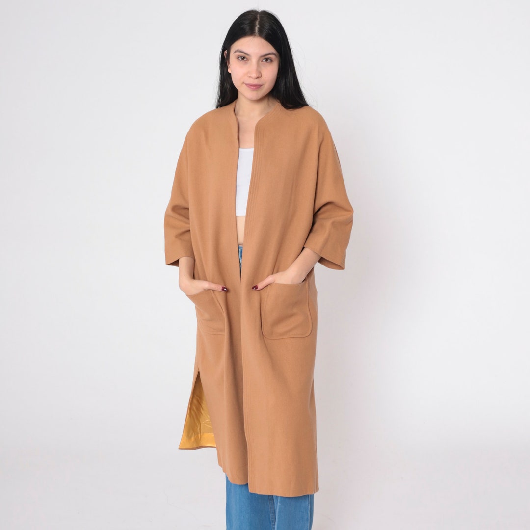 Long Tan Jacket 80s Wool Coat Open Front Trenchcoat Preppy Chic Fall 3/ ...