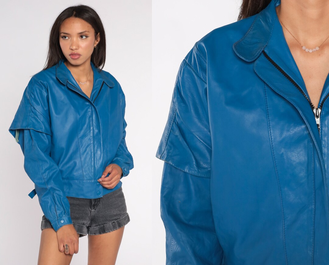 Blue Leather Jacket 90s Sleek Moto Jacket Layered Sleeve Biker - Etsy
