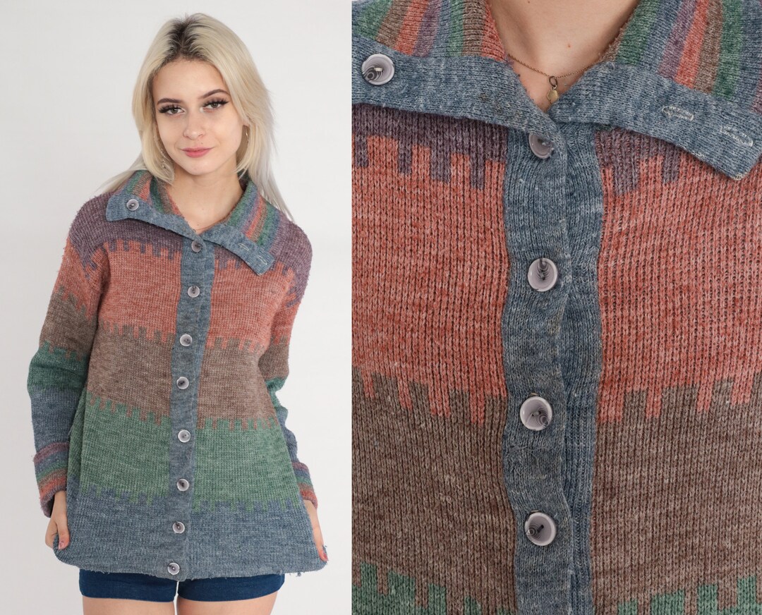 70s Striped Cardigan Knit Button up Sweater Muted Orange Blue Purple ...