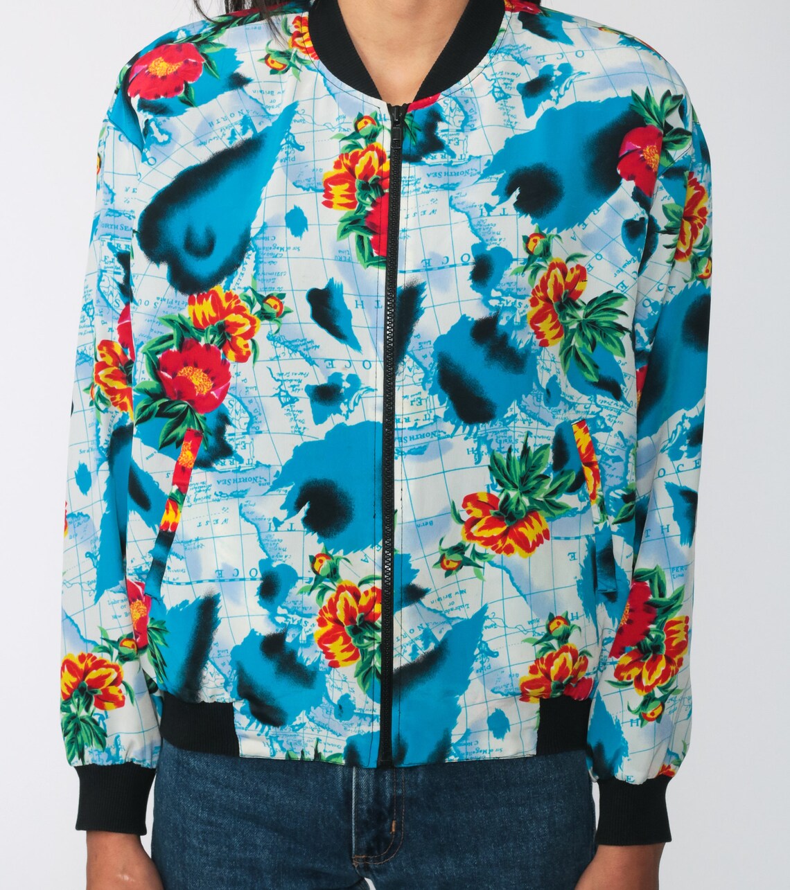 Floral Map Jacket 90s Windbreaker Jacket World Map 80s Retro | Etsy