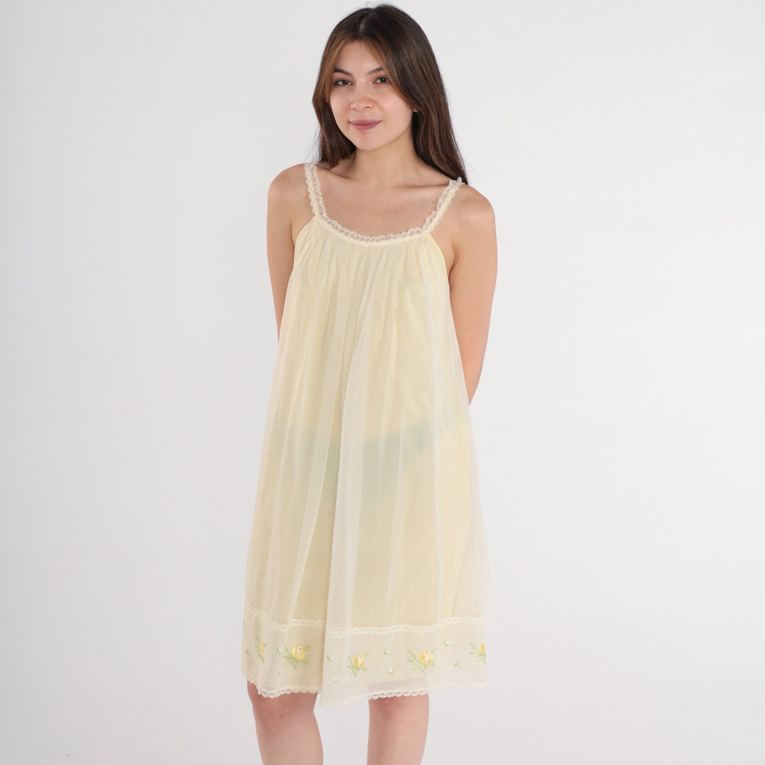 Pale Yellow Nightgown 70s Lingerie Slip Dress Floral Embroidered Lace ...