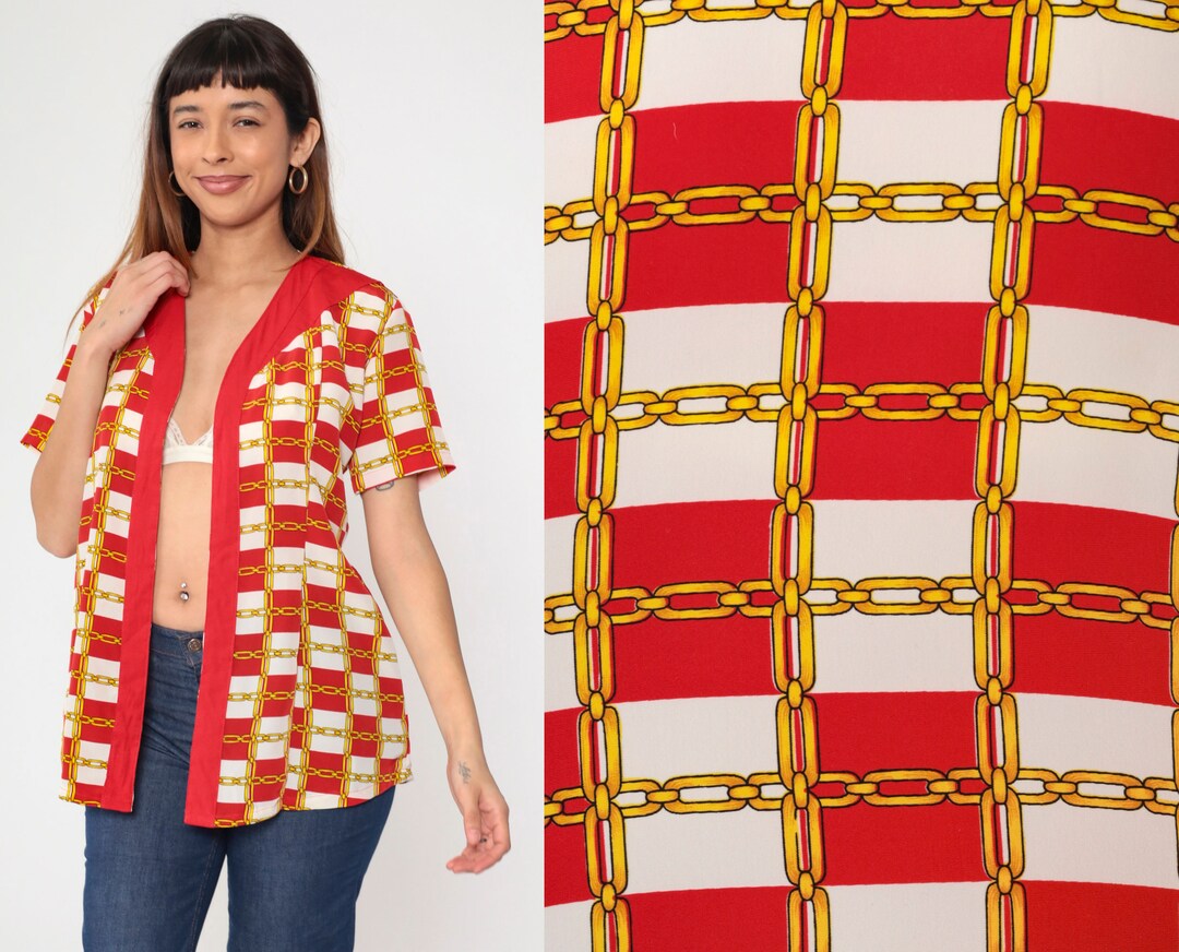Chain-link Shirt 80s Open Front Blouse Retro Jacket Red White Checkered ...